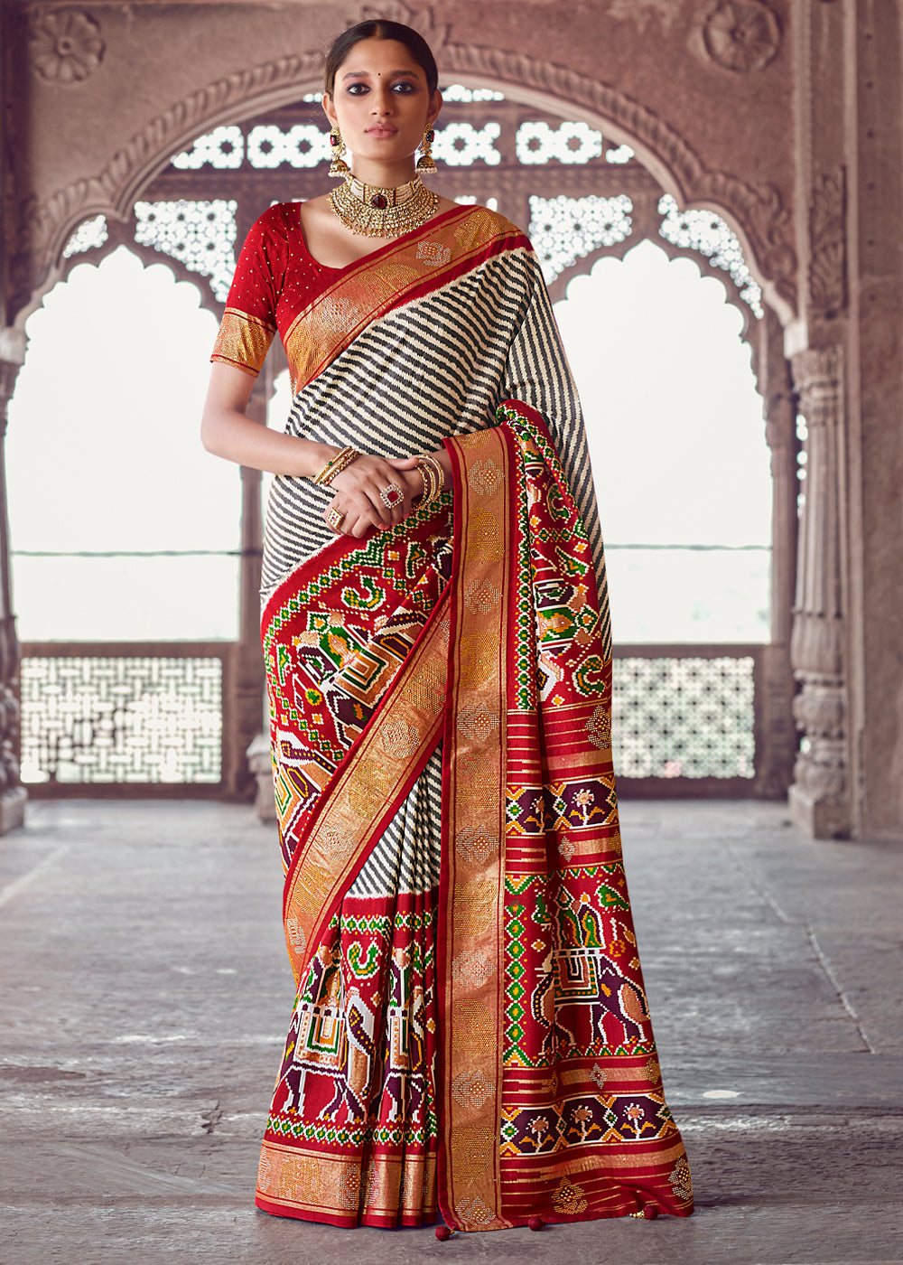 Stunning Red And Grey And Pink Designer Patola Saree – Rushini