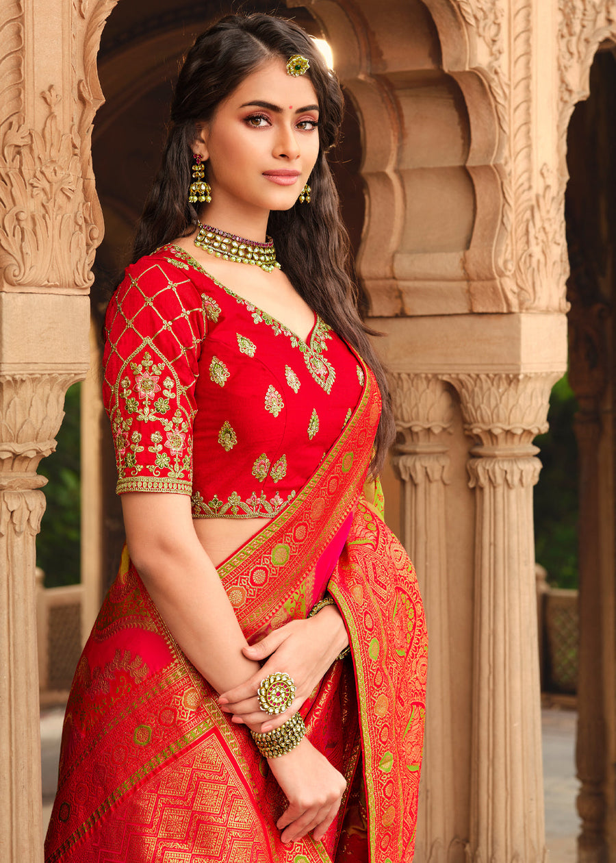 Red Woven Banarasi Silk Saree With Embroidery Designer Blouse – Rushini