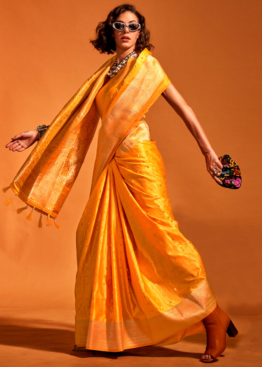 Blazing Yellow Banarasi Satin Weaving Silk Saree – Rushini