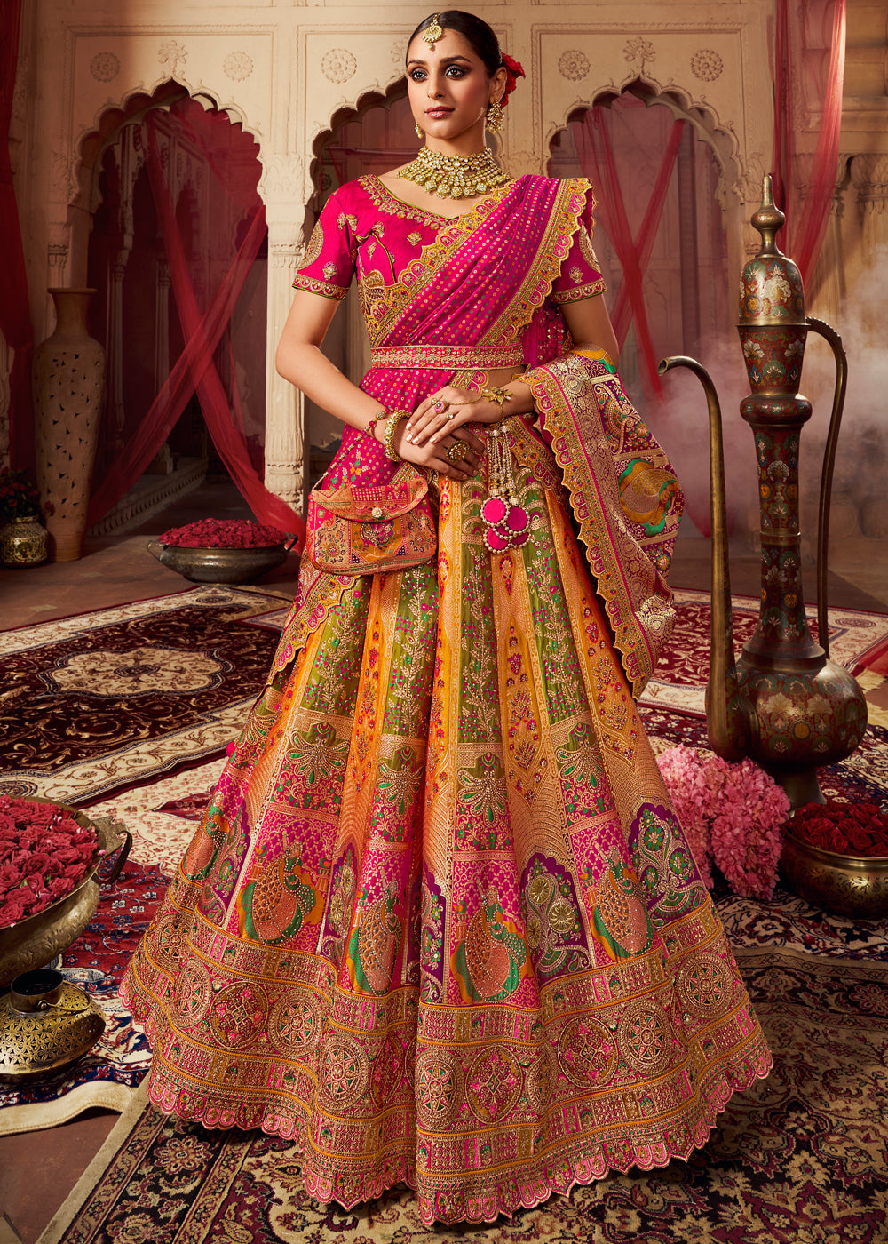 Wedding Special: Yellow And Pink Banarasi Designer Embroidery Lehengas ...