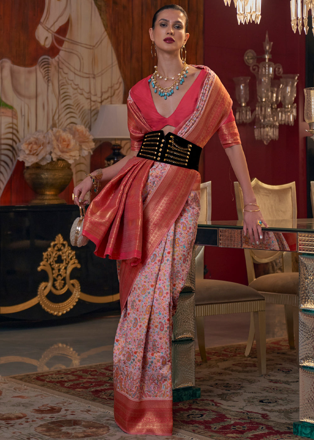 Sweet Pink Kashmiri Chaap Handloom Weaving Saree – Rushini