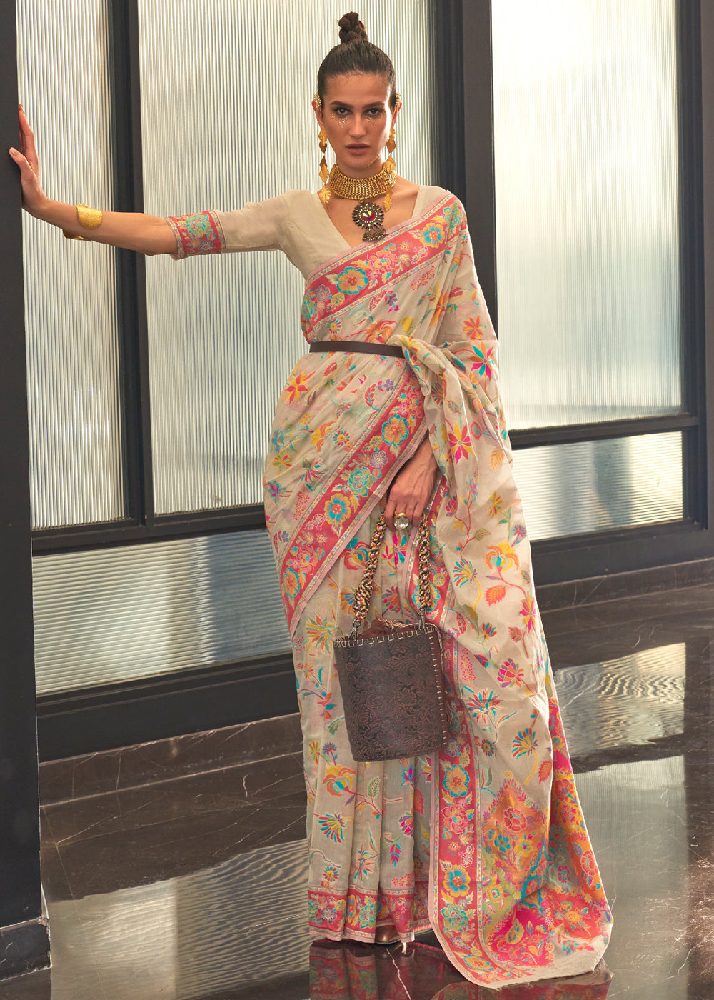 Off White Multi color Kashmiri Modal Handloom Weaving Saree – Rushini
