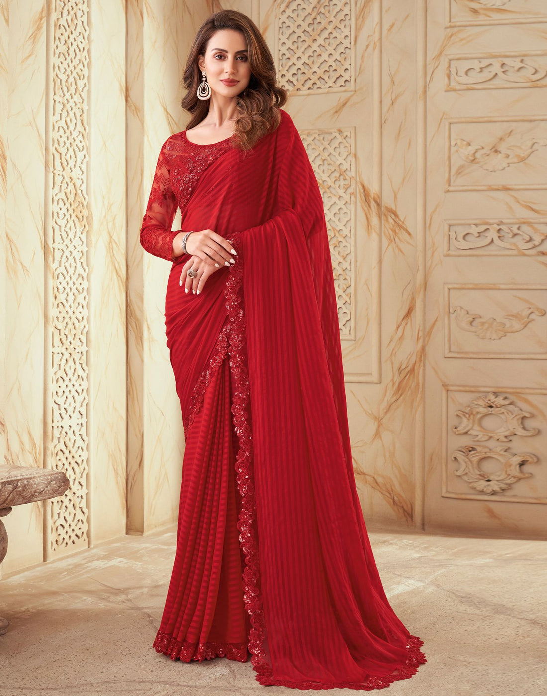 Red Georgette Designer Fancy Silk Saree With Embroidered Blouse – Rushini