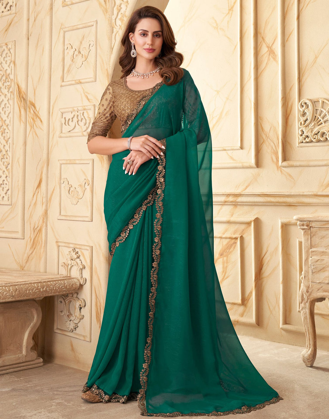 Green Georgette Designer Fancy Silk Saree With Embroidered Blouse – Rushini