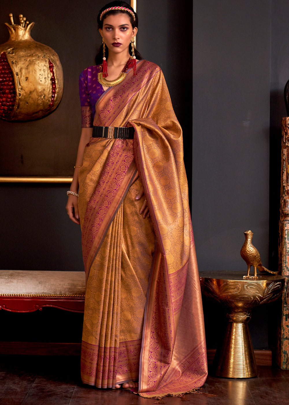 Golden Yellow Chaap Handloom Weaving Silk Saree With Brocade Blouse ...