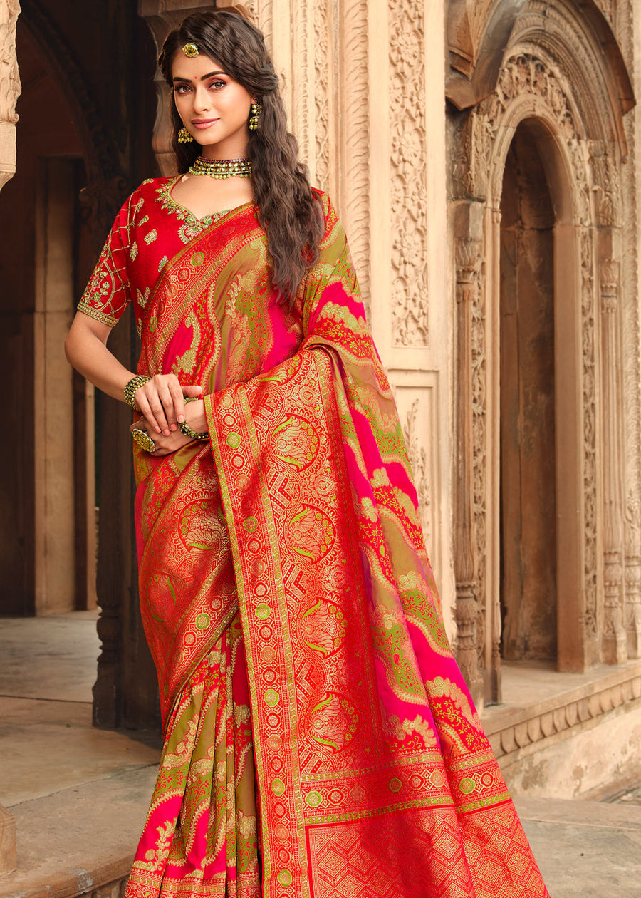 Red Woven Banarasi Silk Saree With Embroidery Designer Blouse – Rushini
