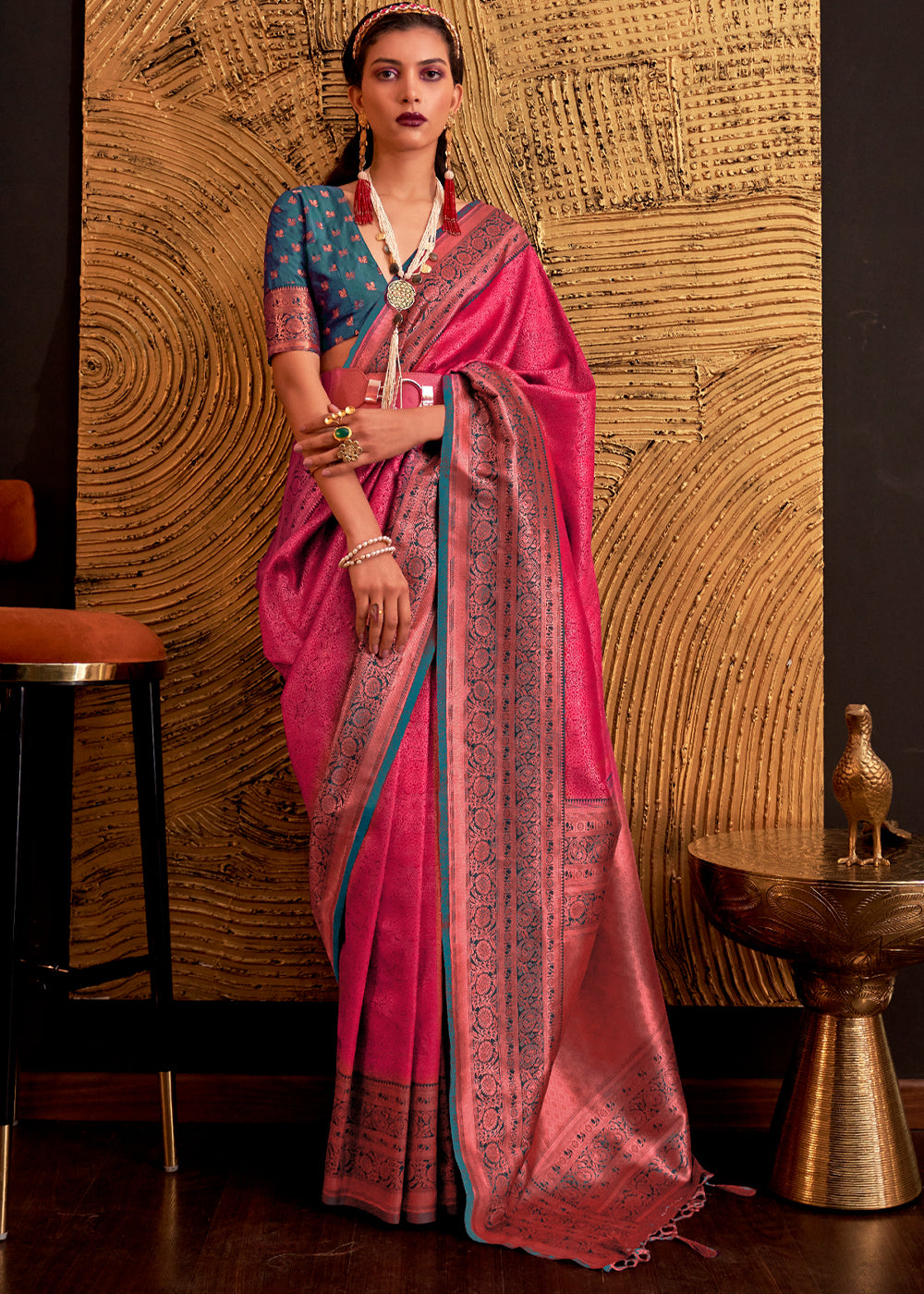 Stunning Pink Chaap Handloom Weaving Silk Saree With Brocade Blouse ...