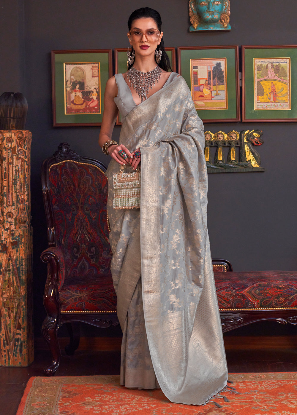 Silver Grey Katan Handloom Weaving Silk Saree – Rushini