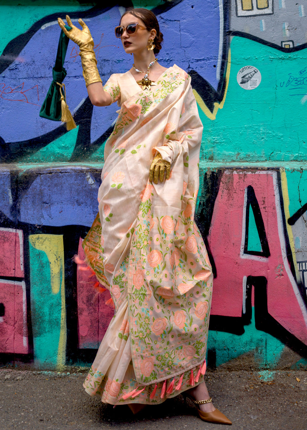 Cream Beige Parsi Handwoven Texture Cotton Silk Floral Work Saree – Rushini