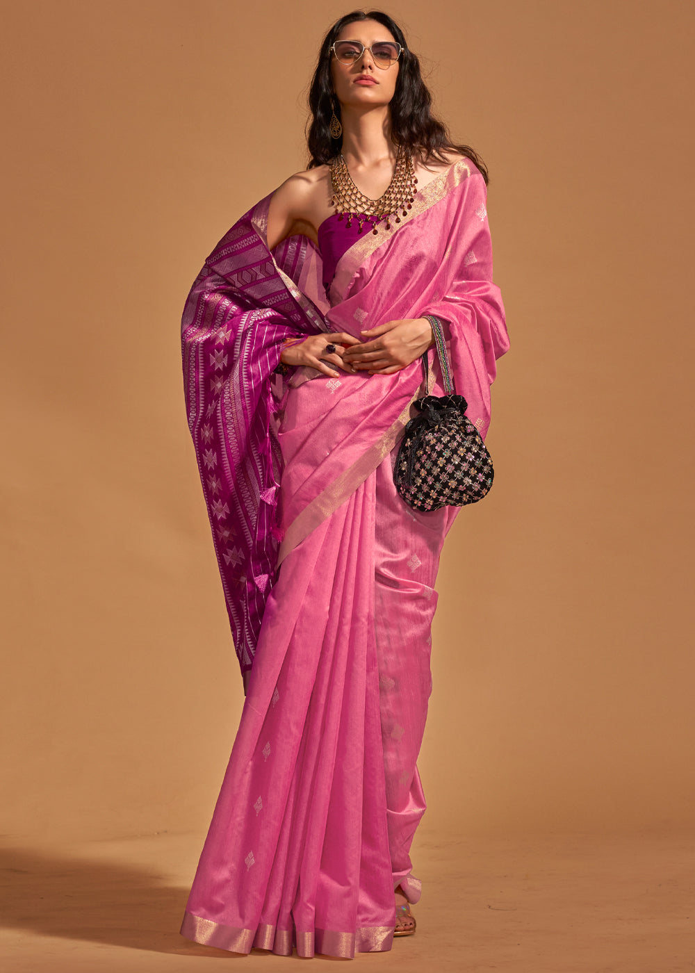 Pink Purple Handloom Weaving Saree – Rushini