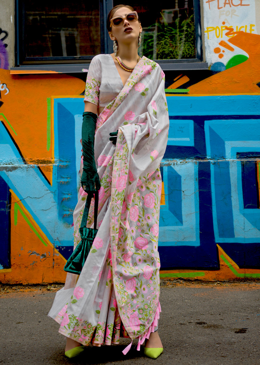 Silver Grey Parsi Handwoven Texture Cotton Silk Floral Work Saree – Rushini