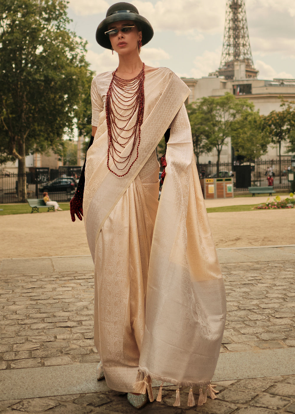 Classic Beige Satin Handloom Weaving Silk Saree – Rushini