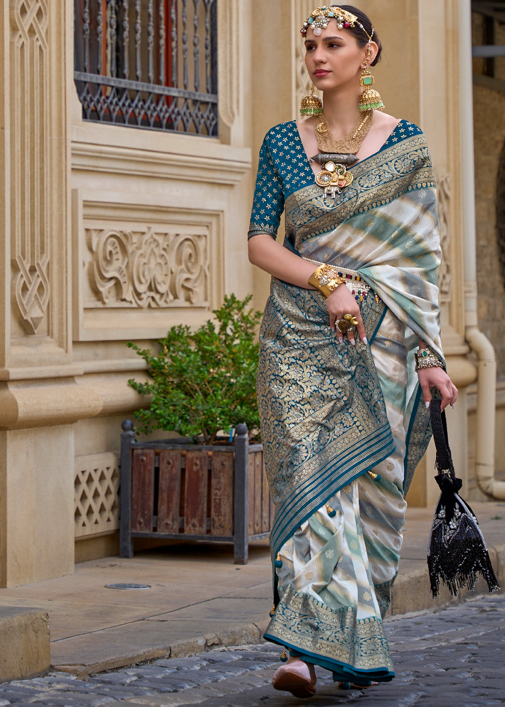 Grey and Teal Blue Printed Patola Saree With Blouse – Rushini