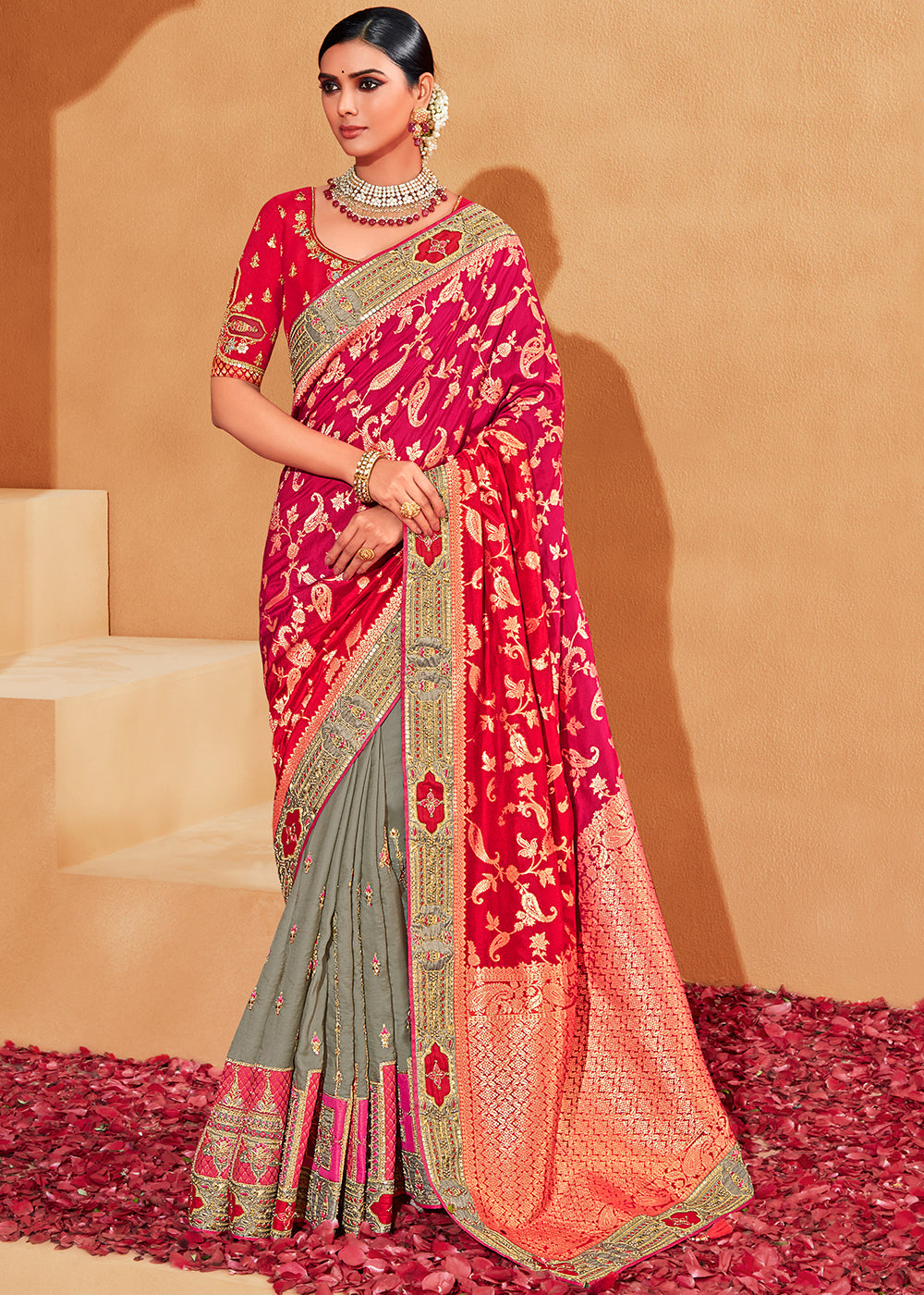 Grey and Pink Designer Embroidered Woven Banarasi Silk Saree – Rushini