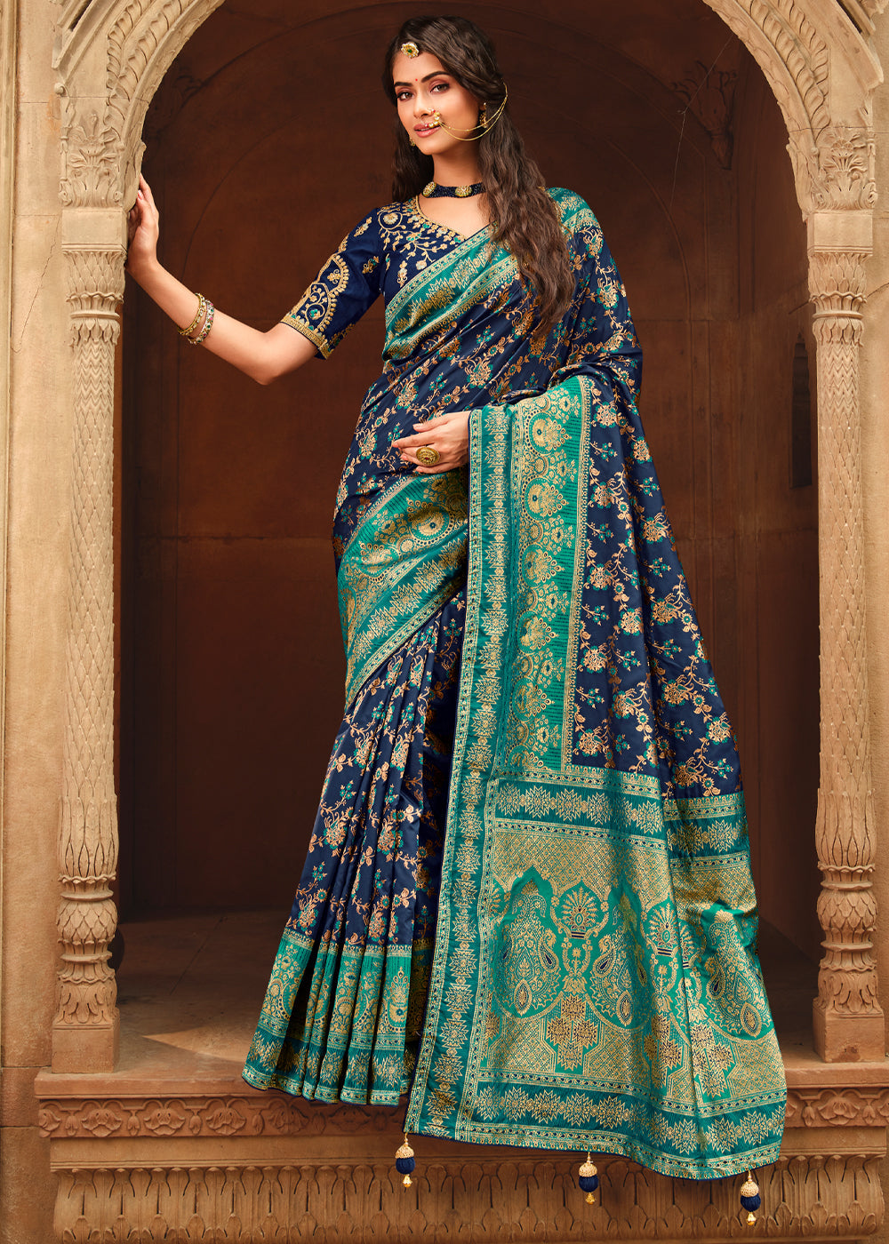 Navy Blue Woven Banarasi Silk Saree With Embroidery Designer Blouse ...