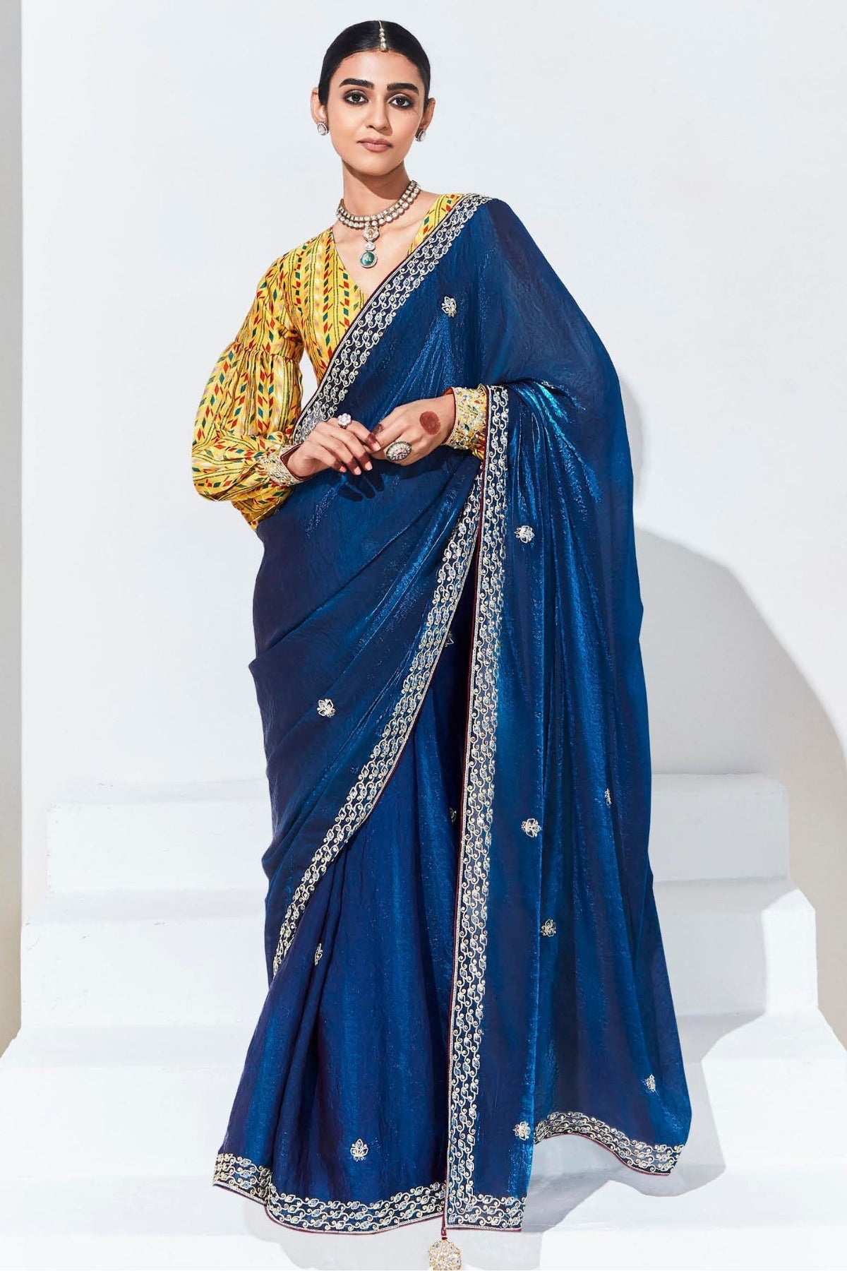 Navy Blue Tissue Organza Silk Saree – Rushini