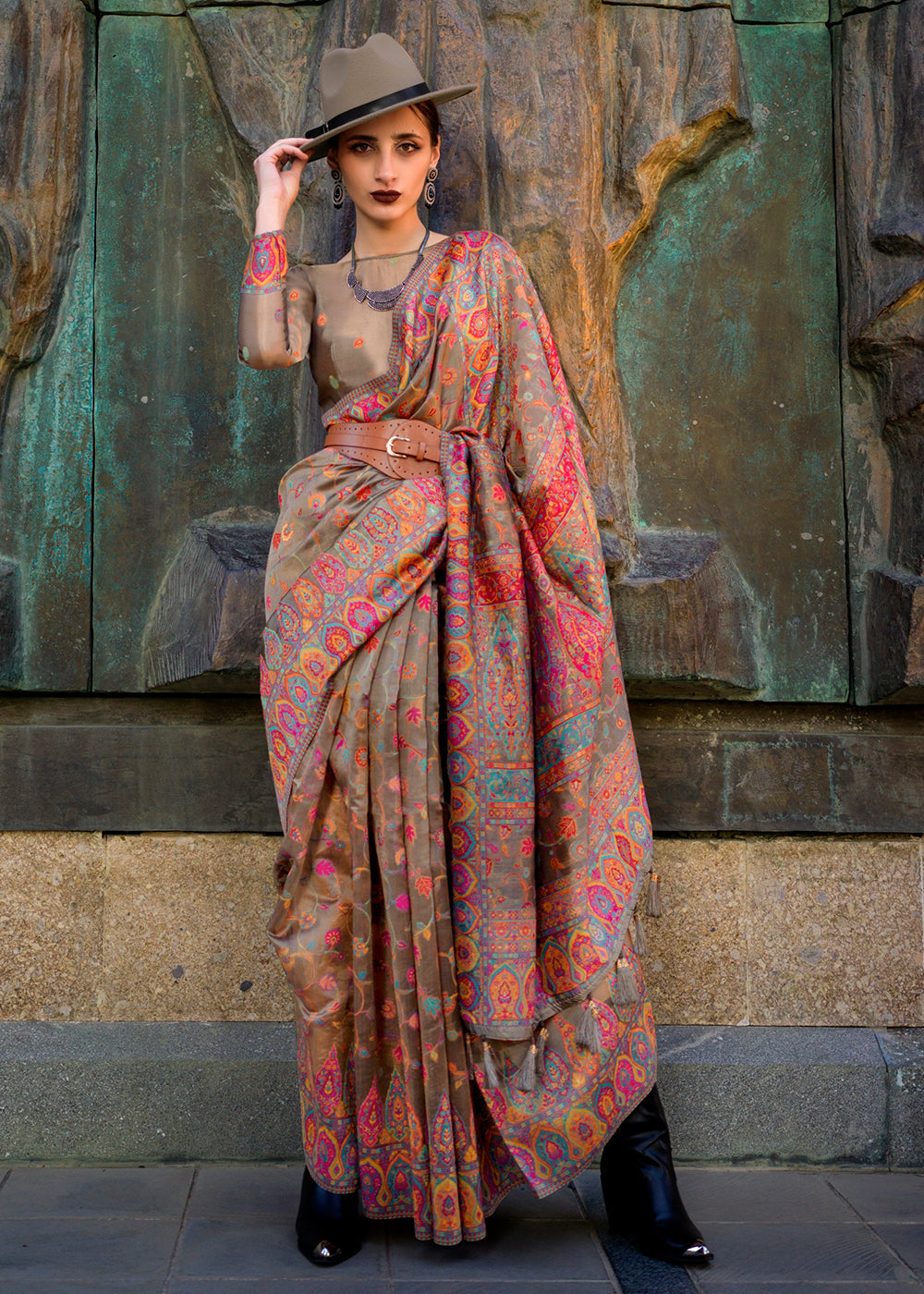 Brown Multi Colour Organza Kashmiri Handloom Weaving Saree – Rushini