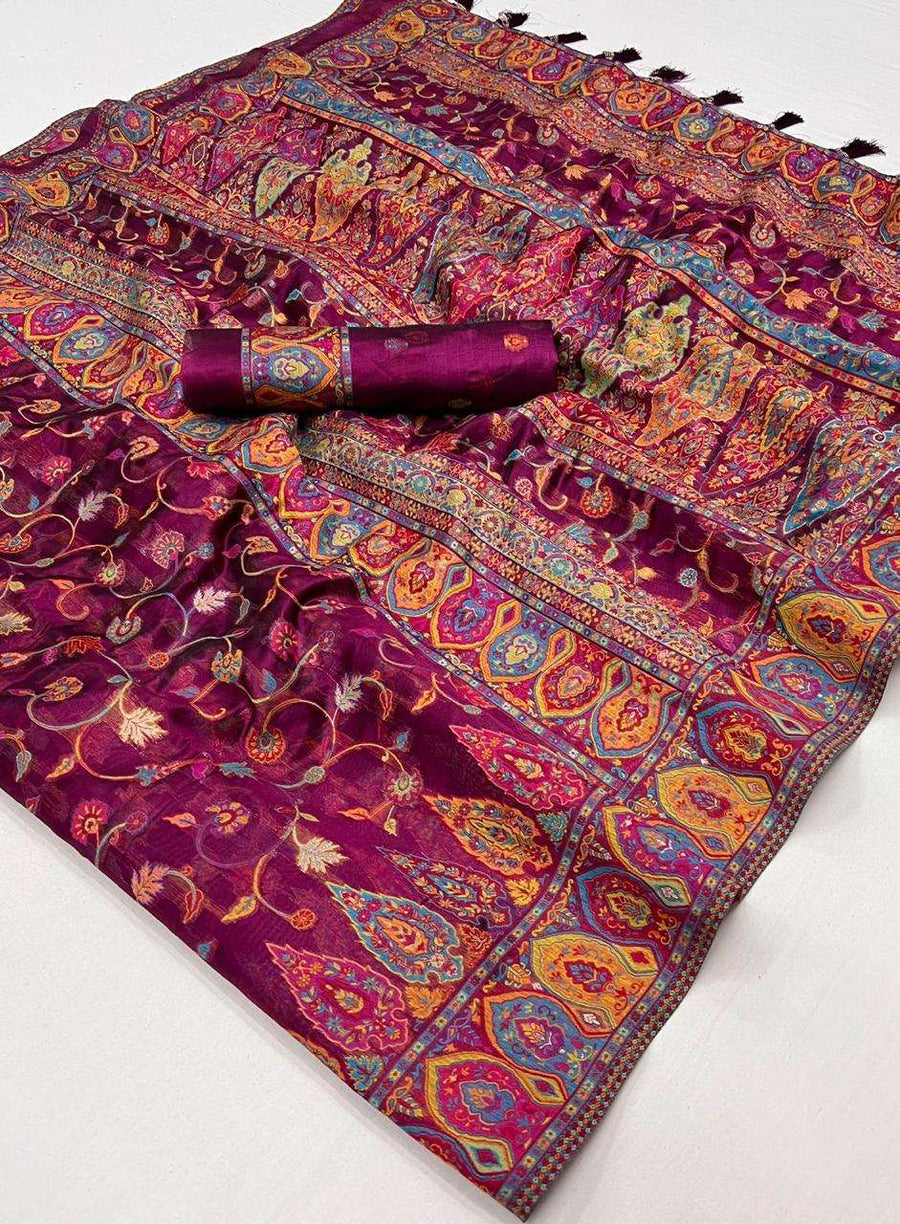 Wine Multi Colour Organza Kashmiri Handloom Weaving Saree – Rushini