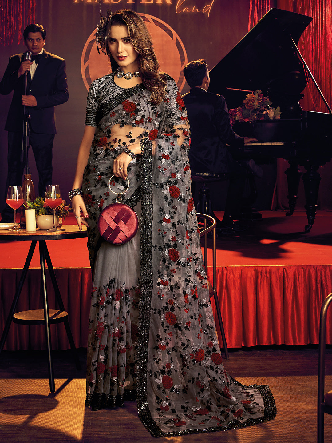 Dark Grey Digital Net With Sequence & Heavy Work Designer Saree – Rushini