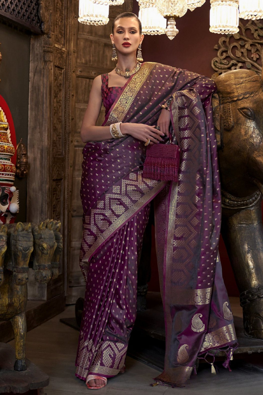Wine Purple Satin Handloom Weaving Silk Saree – Rushini
