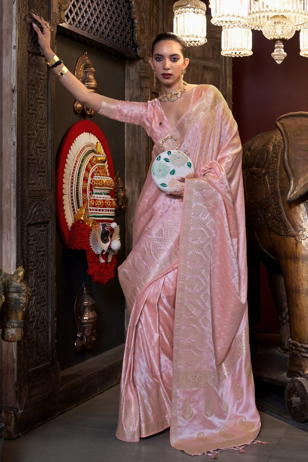 Blush Pink Satin Handloom Weaving Silk Saree – Rushini