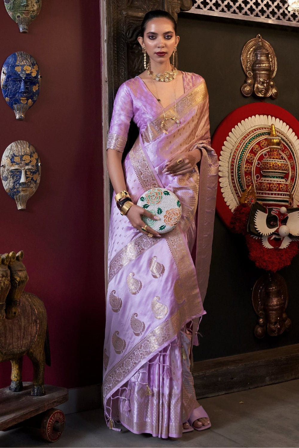 Light Purple Satin Handloom Weaving Silk Saree – Rushini